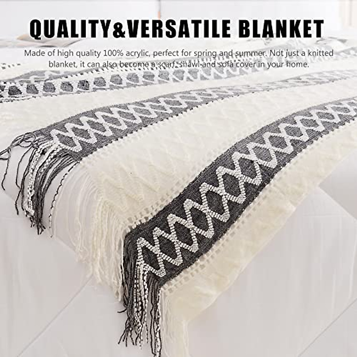 Quinnsus Knit Throw Blanket for Bed, Soft Lightweight Decorative Bed Throw Blankets, Jacquard Textured Boho Summer Throw Blanket with Tassels for Bed, Sofa and Living Room (Grey, 50 x 60 inches)