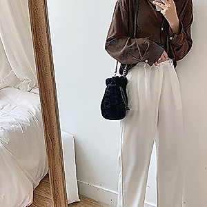 Van Caro Women’s Fashion Fuzzy Shoulder Bucket Purse Drawstring Bag Cross Body Bag, Black