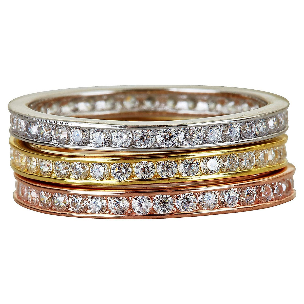 Sterling Silver Tricolor Round Channel Set Stack Cubic Zirconia Ring