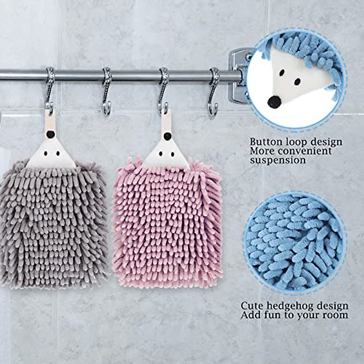 Kinlop 4 Pcs Chenille Hand Towels with Loop Cute Hedgehog Microfiber Hand Towels Absorbent Small Hanging Chenille Hand Towel for Drying Hand Bath Kitchen Washstand Powder Room, 4 Colors