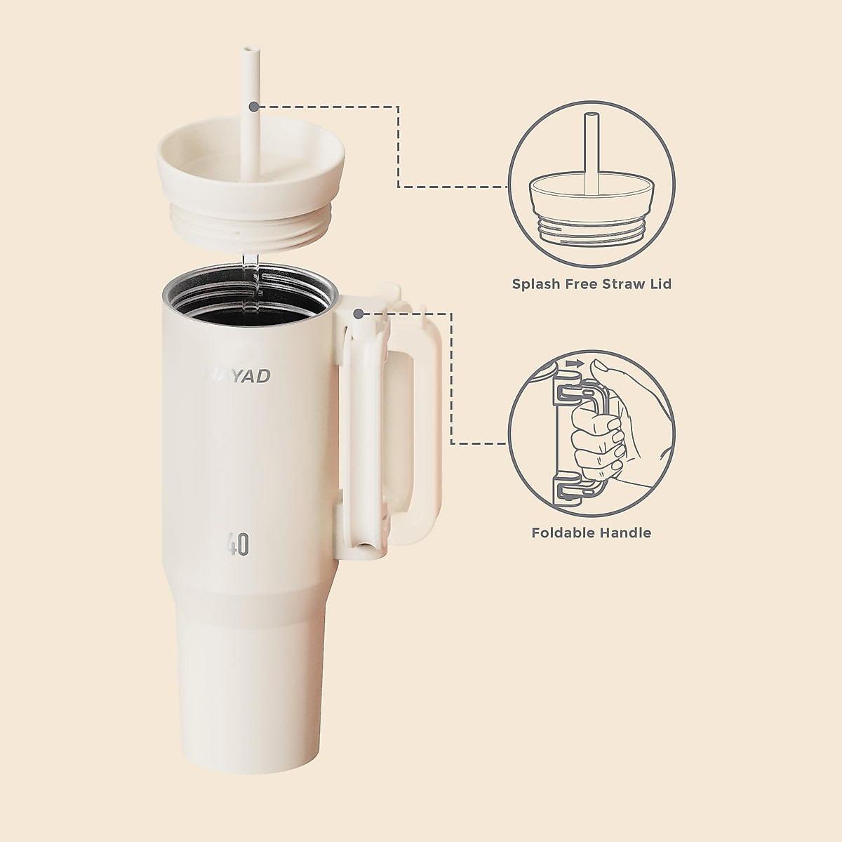 NAYAD 40oz Tumbler with Handle and Straw, Insulated Stainless Steel 40 oz Water Bottle with Flip Lid & Straw Lid,Cup Holder Compatible for Travel, Holiday Gift with Foldable Handle