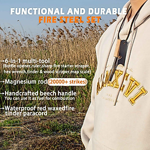 ULTLAT Fire Starter (2 Packs), All-Weather Magnesium Ferro Rod for Camping and Hiking, Emergency Survival Kits with Waxed Fire Tinder Paracord (28inch)&Beech Handle&&6-in-1 Multi-Tool