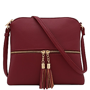 DELUXITY Lightweight Medium Crossbody Bag with Tassel (Wine)
