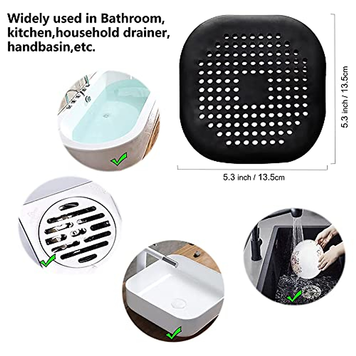 3 Pack Drain Cover Hair Catcher Pad, Silicone Tube Trap Shower with Sucker for Bathroom Kitchen, 5.5" Flat Square Rubber Strainer Plug Filter Bathtub Sink Home Drain Protectors, Black