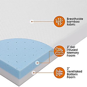 Cheer Collection Full Size Mattress Topper, 4 Inch Gel Infused Memory Foam Bed Topper with Washable Bamboo Cover, Supportive Dual Layer Soft and Firm Mattress Top - 54" x 75" x 4" Inches