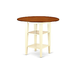 East West Furniture SUGR5H-BMK-W 5 Piece Counter Height Dining Table Set Includes a Round Kitchen Table with Dropleaf & Shelves and 4 Dining Room Chairs, 42x42 Inch, Buttermilk & Cherry