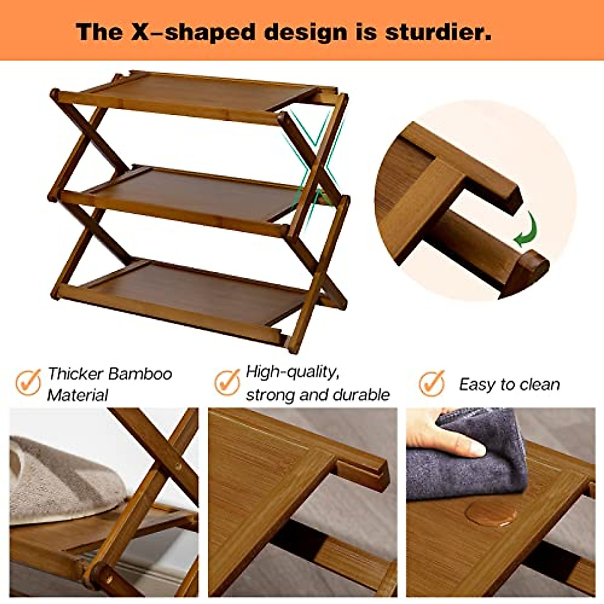 Small 3-Tier Shoe Rack for Closet & Entryway, Installation-free Foldable Bamboo Shoes Storage Organizer, Sturdy Free Standing Three Shelf Shoe Stand for 6-9 Pairs, Brown 20x17x9 Inches