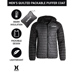 Hurley Men's Jacket - Balsam Lightweight Packable Puffer Coat - Weather Resistant Outerwear Windbreaker Coat for Men (M-XL), Size Medium, Grey Black