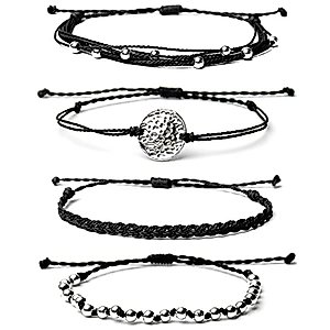 Mezcla Vida Bohemian Wave Coin Charms Black Beaded Handmade Braided Rope Surfing Woven Bracelets Sets For Women Teen Girls, Beach String Jewelry (BLACK)