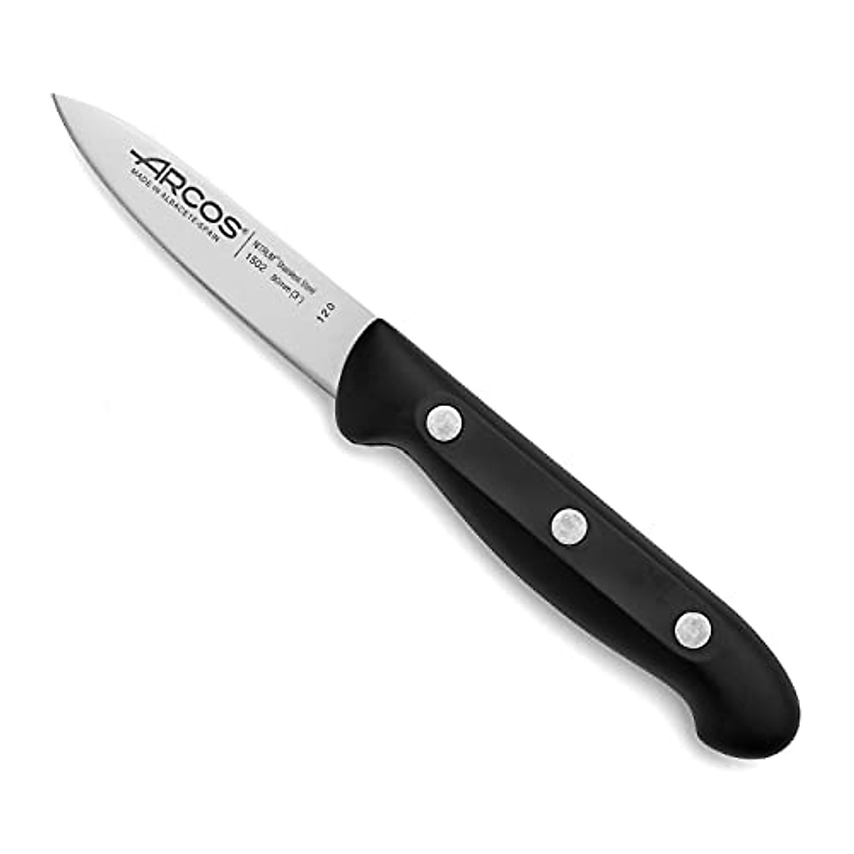 ARCOS Paring Knife 3 Inch Stainless Steel. Professional Kitchen Knife for Peeling Fruits and Vegetables. Ergonomic Polyoxymethylene Handle and 80mm Blade. Series Maitre. Color Black