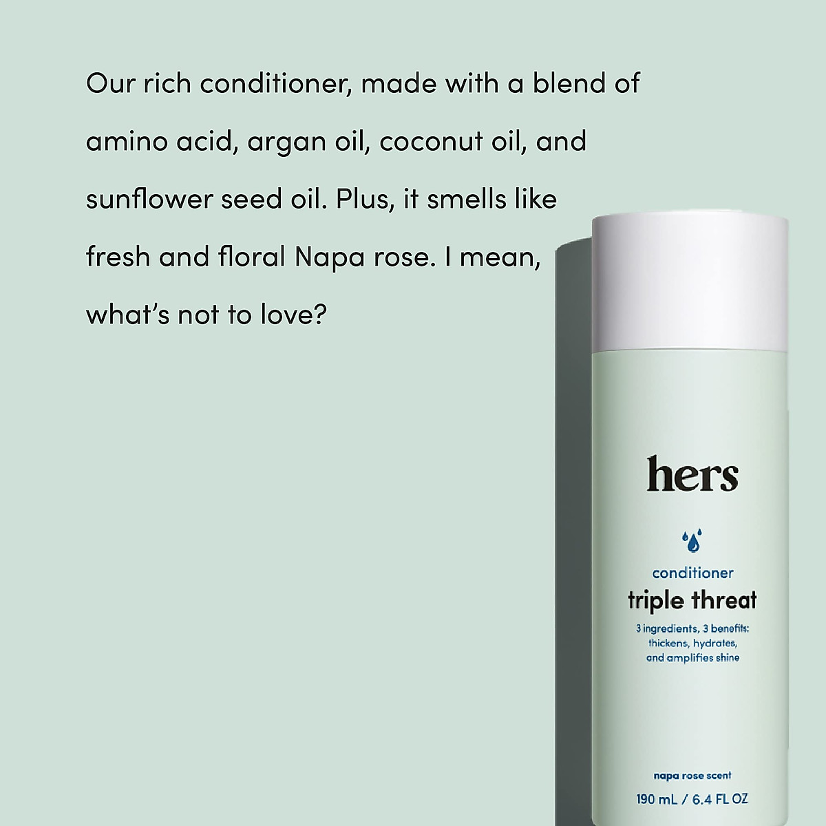 hers triple threat hydrating conditioner for damaged hair, leaves hair looking shiny and strong, color sage formula with an amino acid blend, argan, coconut, sunflower seed oil, 2 pack, 6.4oz