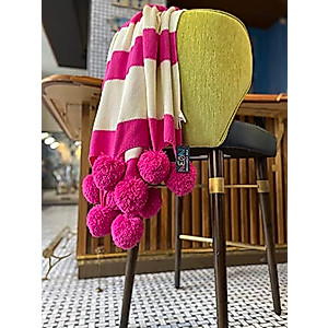 Knit Pink Throw Blankets for Couch- 50x60 Inches , Reversible Woven Cotton Striped Soft Throw Blanket for Bed with Pom Pink & Cream Full