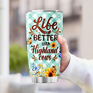 JENOIS Simply Flower Water Modern Handle Checkered Simple Sunflower Floral Cups, Highland Cow Gifts, Tumbler 20 Oz With Lid And Straw, Life Is Better Highland Cow