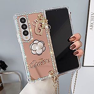 Omio for Samsung Galaxy Z Fold 3 5G Mirror Case with Crossbody Lanyard Luxury 3D Sparkle Crystal Diamond Bling Glitter Cute Slim Makeup Hard PC Phone Case for Galaxy Z Fold 3 Women Girls, Gold