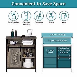 VINGLI Farmhouse Bathroom Floor Storage Cabinet, Rustic Freestanding Cabinet Organizer w/Sliding Barn Door, 2 Large Drawers and Adjustable Shelves (Wash Grey)
