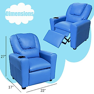 Majnesvon 2-in-1 PU Leather Kids Recliner Chair with Cup Holder, Modern Adjustable Single Sofa for Boys & Girls (Blue)