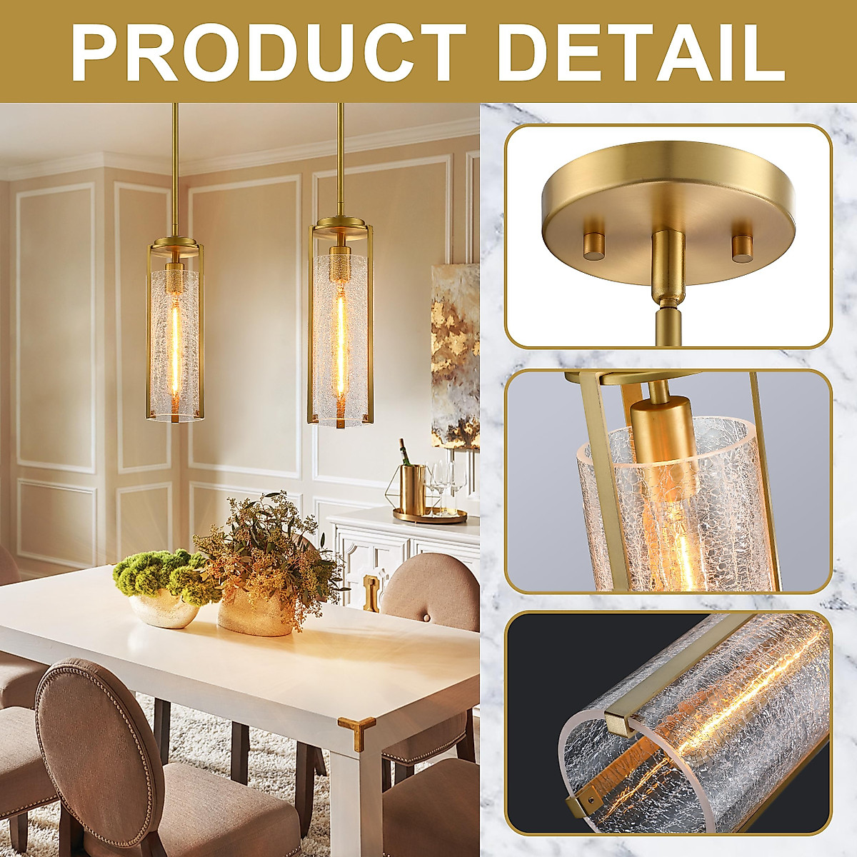 Untrammelife Modern Gold Pendant Light, Crackle Glass Shade Hanging Pendant Light Fixture 14" Single Brushed Brass Ceiling Chandelier for Kitchen Island,Dining Room,Bathroom, T10 LED Bulb Included