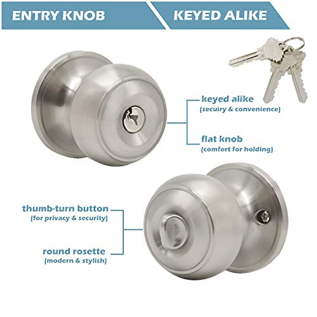 Gobrico Round Satin Nickel Keyed-Alike Entry Locks Knobs 6Pack, Front Enry Door Knobs with Lock and Same Key, Round Ball Style Locksets Door Handles