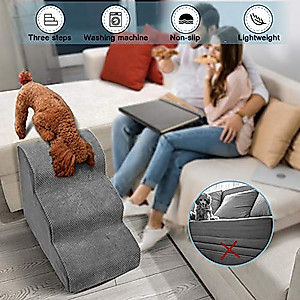 Topmart 3 Tiers Foam Dog Ramps/Steps,Non-Slip Dog Steps,Extra Wide Deep Dog Stairs,High Density Foam Pet Stairs/Ladder,Best for Older Dogs,Cats,Small Pets,with Pet Hair Remover Roller,Grey
