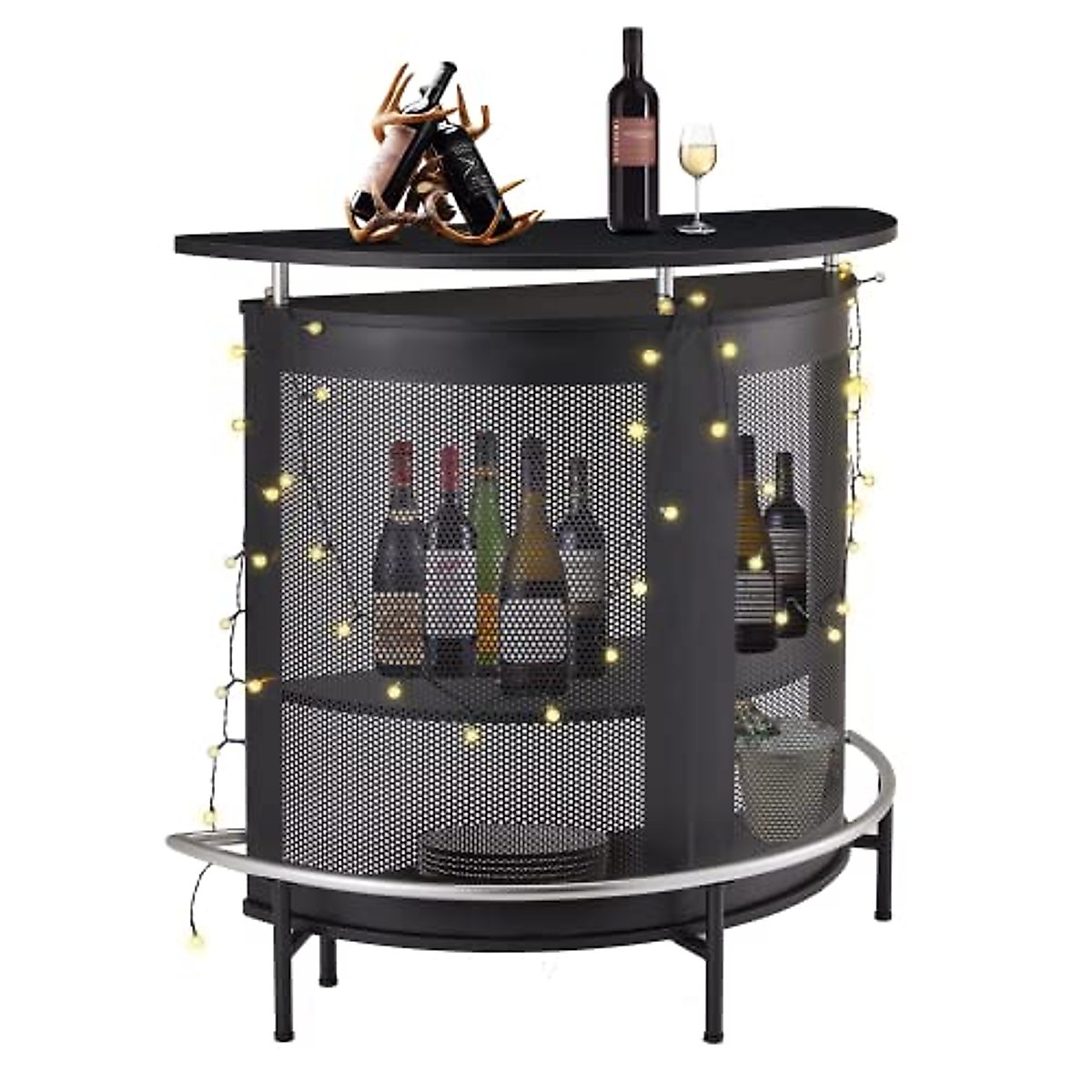 JOMEED Bar Table with Storage, High Top Table with Metal Mesh Front, Goblet Holders and Footrest, Semi Cylindrical Shape Black Liquor Bar for Home