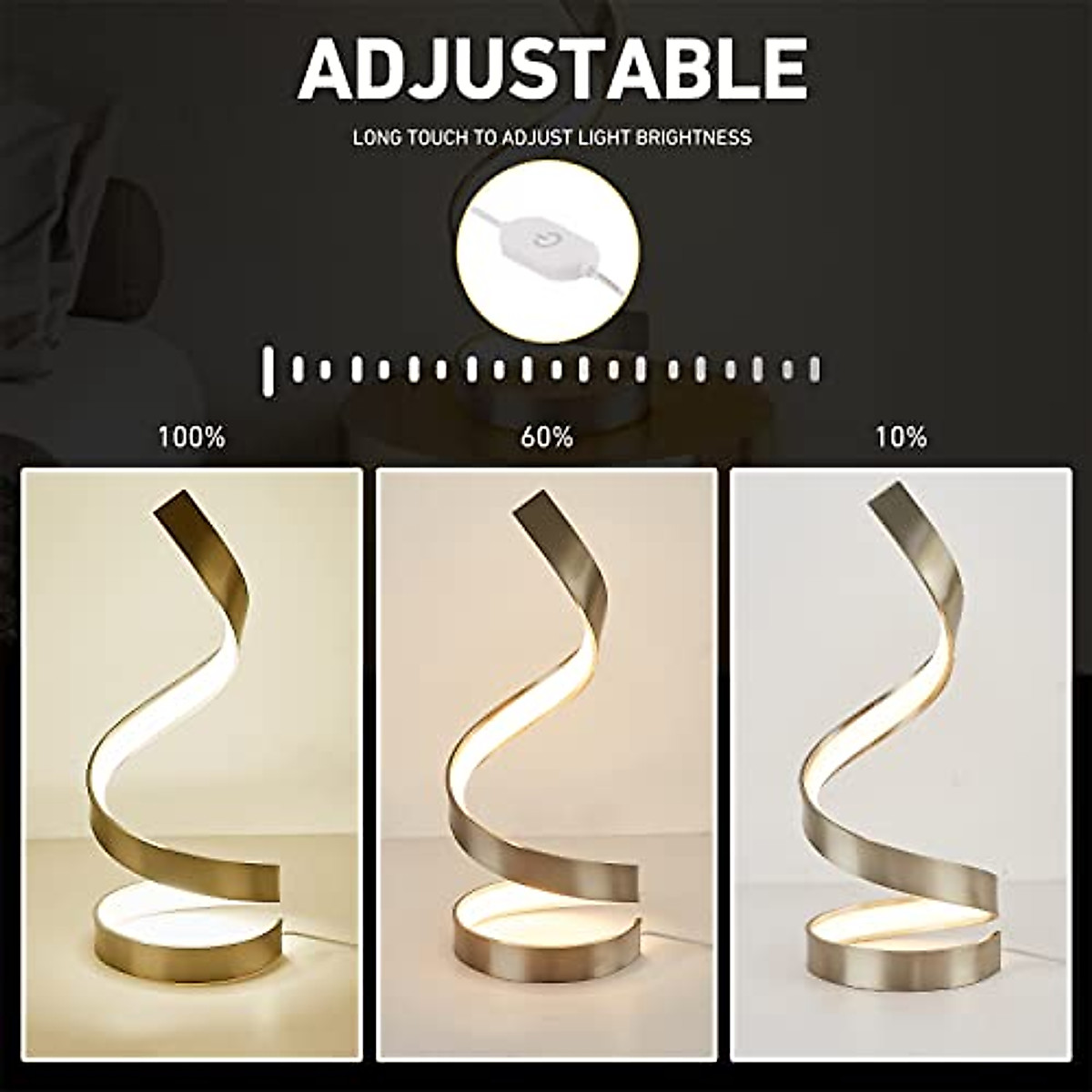 HELYCH Dimmable Spiral Modern LED Table Lamp, Wide Body Minimalist Bedside Lamp, Warm White 3000K CRI 90 Table Light, Small Touch Nightstand Desk Lamps for Living Room Bedroom Office