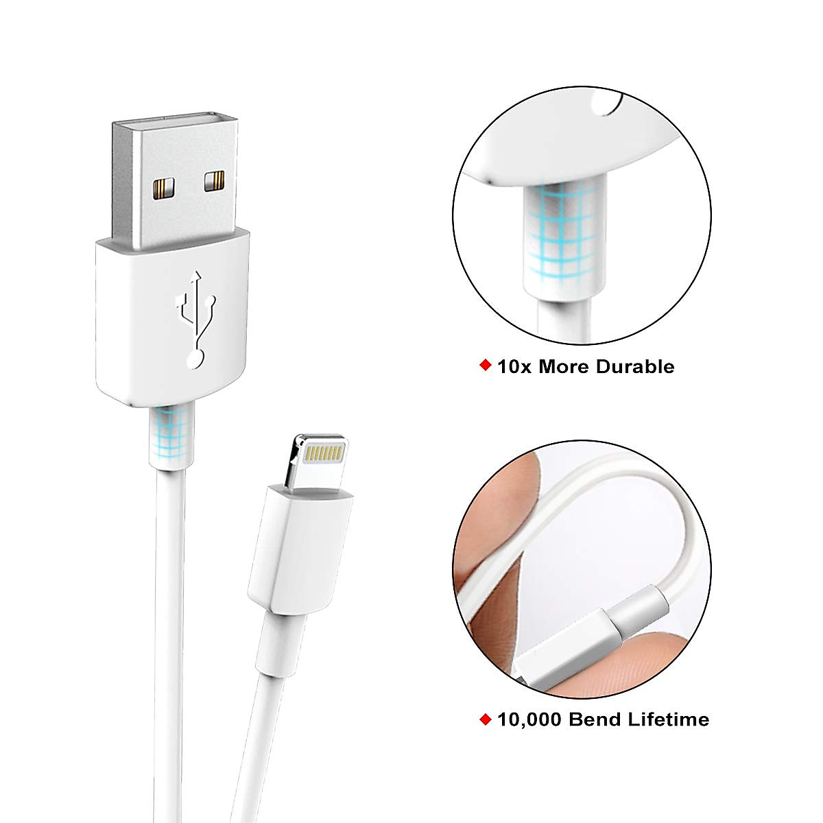 K123 Keytech Apple MFi Certified USB Lightning Cable 3ft iPhone Charger Cord 1M Premium White Data Cable for ipad, iPhone Xs/Xs Max/XR/X/8/8 Plus/7/7 Plus/6/6 Plus/5