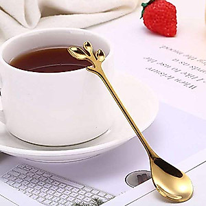Demitasse Espresso Spoon Set of 6 Leaf Specialty Spoons Stainless Steel Teaspoons Mirror Polishing Coffee Spoons for Dessert Sugar Tea Appetizer (Gold)