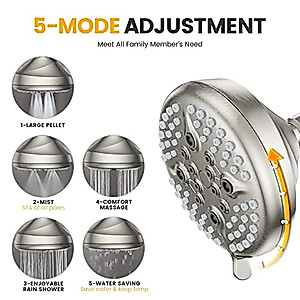 YASFEL Shower Head High Pressure 5" Fixed Shower Head 5 Settings 2.5 GPM Bathroom Adjustable High Flow Shower Head with 360°Brass Ball Joint (Brushed Nickel 2.5GPM)