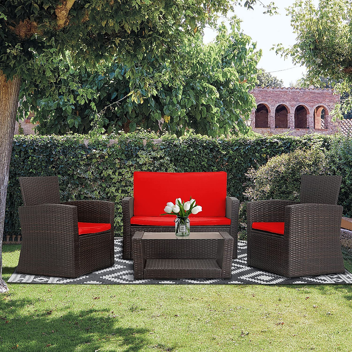 4 Pieces Patio Conversation Set, Outdoor PE Rattan Wicker Sofa Furniture Set with Soft Cushions and Glass Coffee Table for Backyard Lawn Garden Balcony Porch Poolside,Red