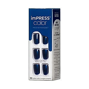 KISS imPRESS Color Press-On Nails, Nail Kit, PureFit Technology, Short Length, “Never Too Navy”, Polish-Free Solid Color Manicure, Includes Prep Pad, Mini Nail File, Cuticle Stick, and 30 Fake Nails