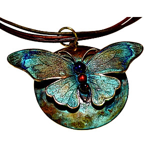 Elaine Coyne Verdigris Patina Solid Brass Sculptural Butterfly Pendant - Amethyst, Carnelian, Garnet