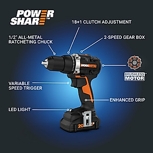 Worx Nitro 20V 1/2" Cordless Brushless Drill Driver 535 in-lbs. Torque and Heavy-Duty 1/2" Chuck, Drill Set with Storage Bag, Cordless Drill Power Share Compatible WX102L – Battery & Charger Included