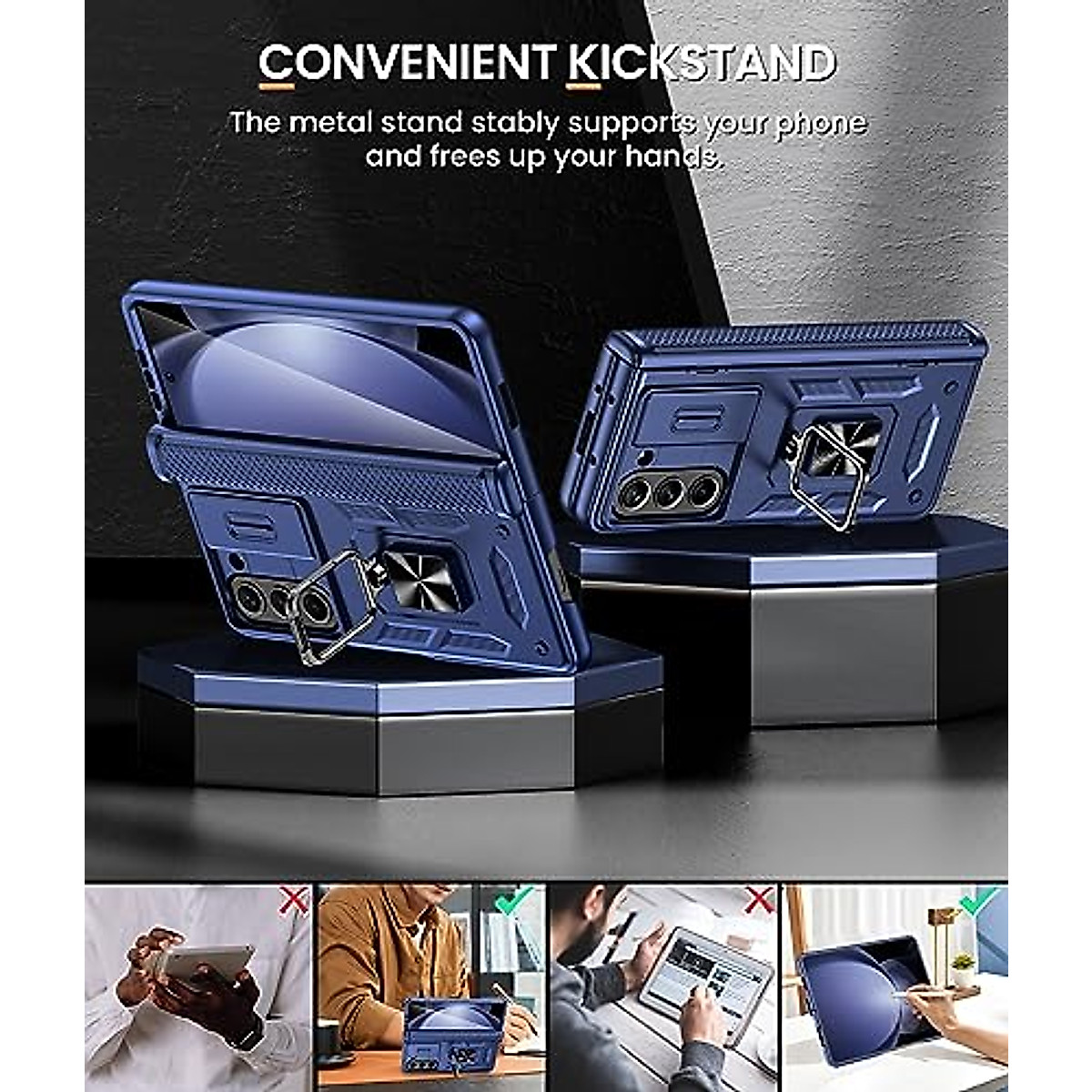 Caka Case Designed for Galaxy Z Fold 5 Case with Screen Protector, 360°Ring Magnetic Kickstand & Camera Cover & Hinge Protector for Samsung Galaxy Z Fold 5 Phone - Navy Blue