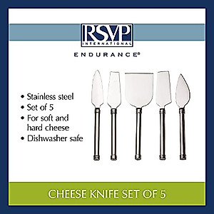 RSVP International Endurance® Stainless Steel Cheese Knives, Set of 5 | Five Different Blades | Cut & Serve Cheeses in Style | Great for Parties, Events, or Home Use | Dishwasher Safe