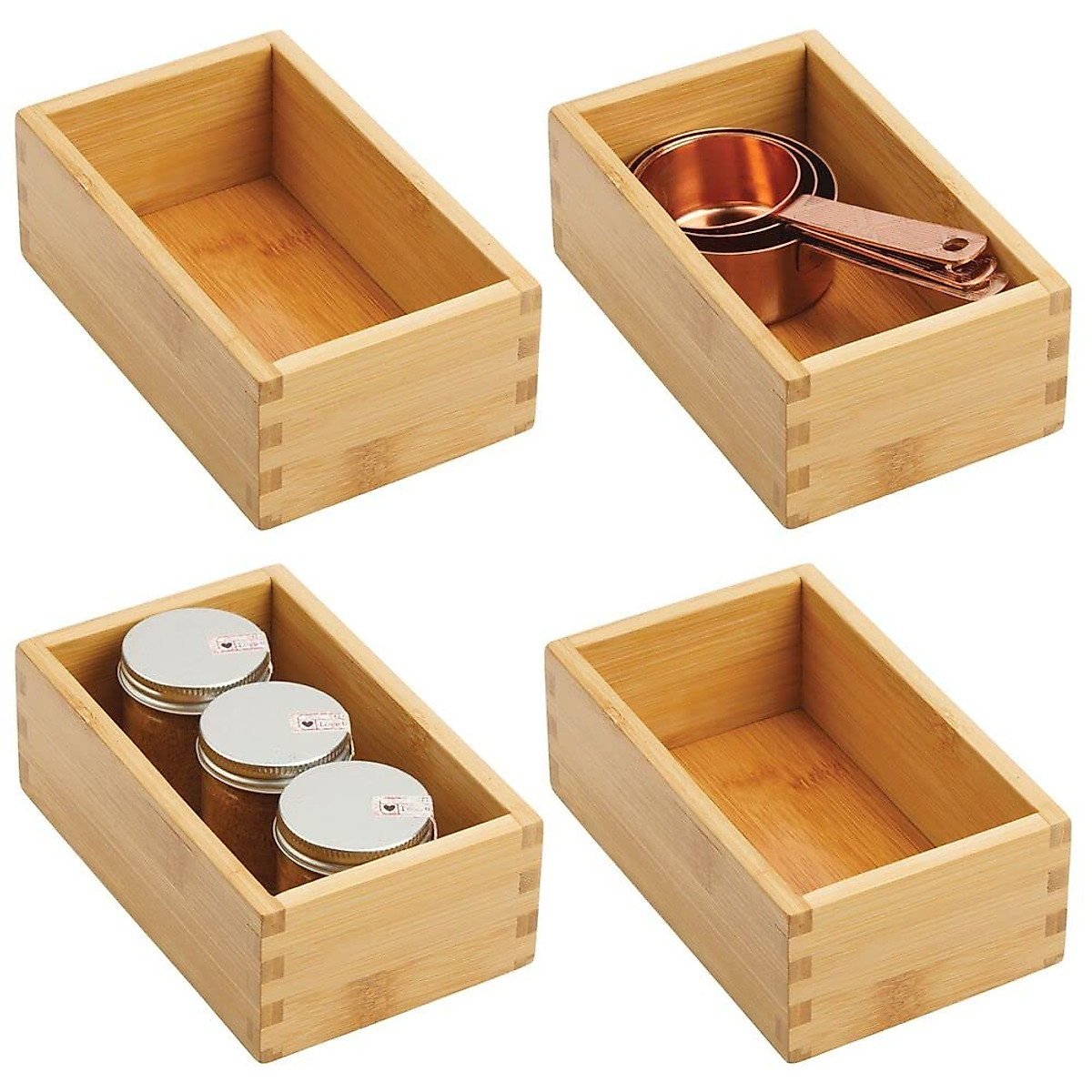 mDesign Wood Bamboo Storage Bin Container, Drawer Organizer Crate Boxes for Kitchen Pantry Cabinet, Shelf, Island or Countertop, Holds Snacks, Spices, or Drinks, Echo Collection, 4 Pack, Natural/Tan