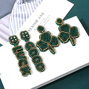 NLCAC 2 Pairs St Patricks Day Earrings Green Beaded Shamrock Earrings Handmade Good Luck Clover Dangle Earrings Funny Irish Holiday Party Jewelry Gifts (Green Gold)