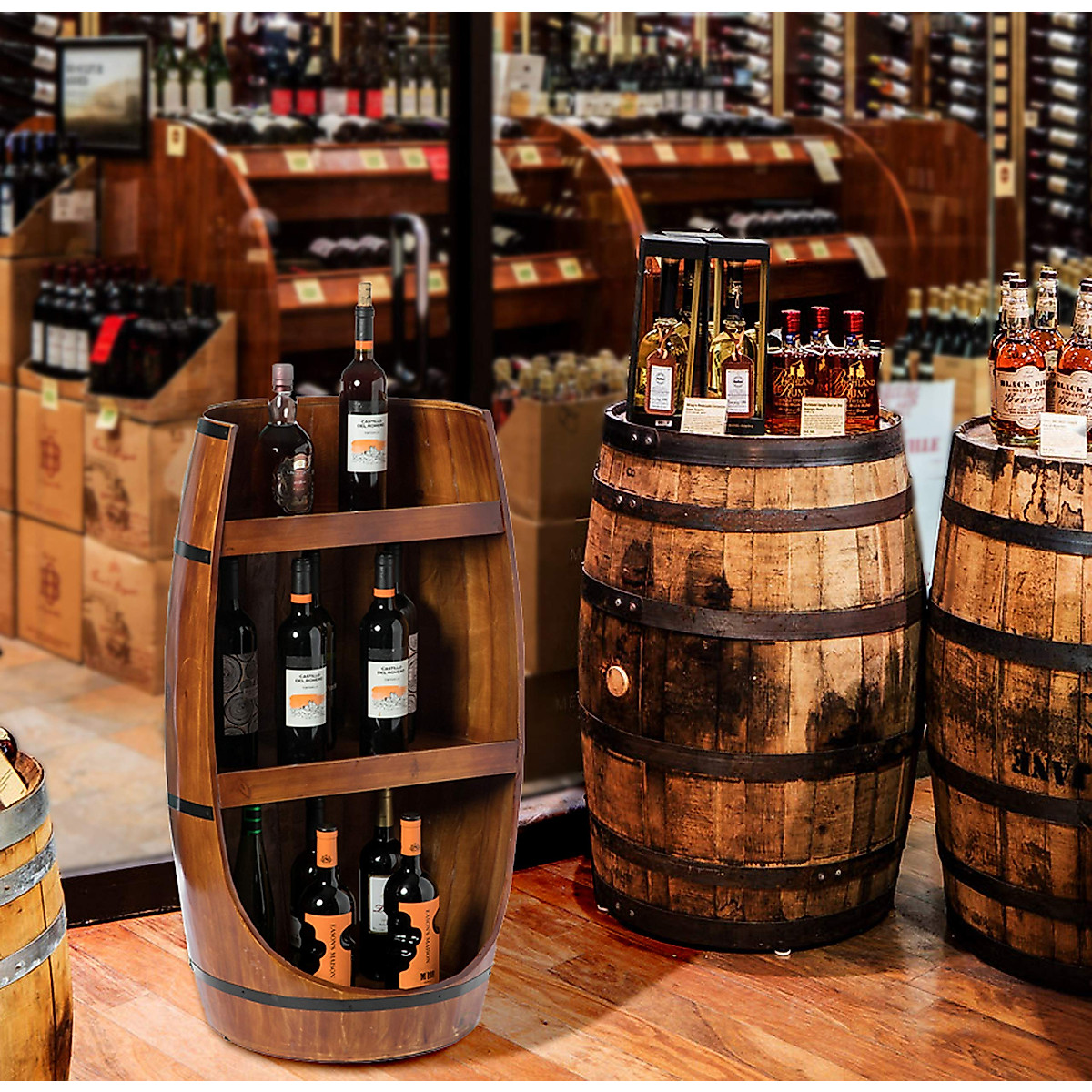 Vintiquewise Rustic Wooden Wine Barrel Display Shelf Storage Stand