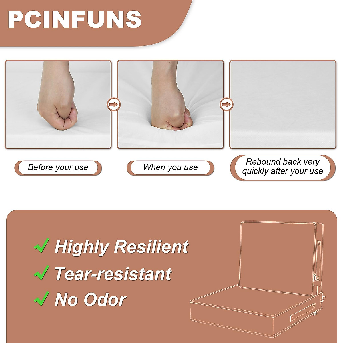 Pcinfuns Outdoor Deep Seat Cushions 24 x 24 Inch Chair Cushions for Patio Furniture,Thick 3 Inch Patio Pads with Removable Cover with Handle & Adjustable Straps for Patio,Yard,Garden,Light Orange