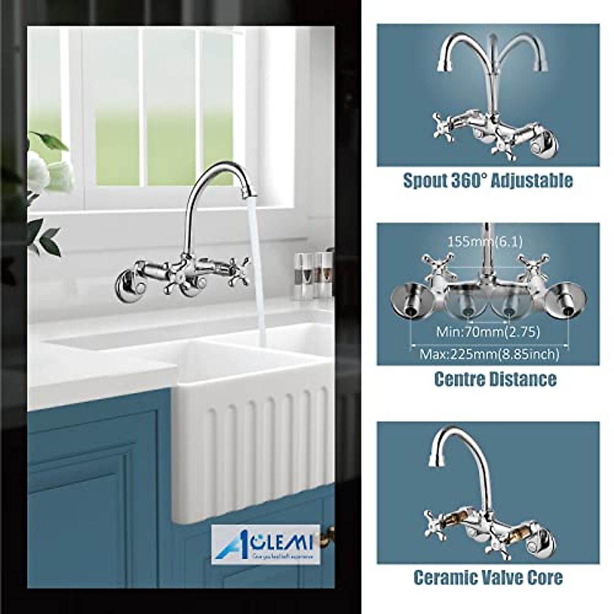 Aolemi Polish Chrome Wall Mount Kitchen Sink Faucet 3 to 9 Inch Adjustable Spread Double Cross Handle Mixer Tap