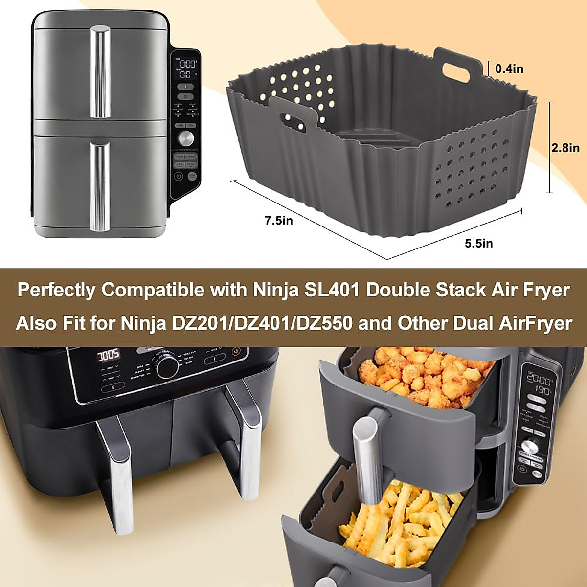 BYKITCHEN Silicone Air Fryer Liners for Ninja SL401/DZ201/DZ401/DZ550 Double Stack 2 Basket Air Fryer, Rectangle Perforated Dual Air Fryer Silicone Liners, Ninja DoubleStack XL Air Fryer Accessories