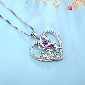 YL Women's Butterfly Necklace 925 Sterling Silver Flower Rose Pendant Created Amethyst Halo Jewelry