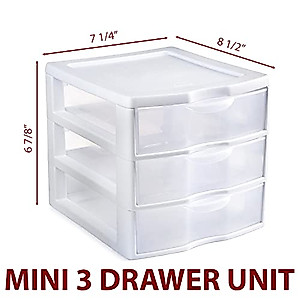 Peaknip - Sterlite Plastic Mini 3 Drawer Storage and Organizer, Stackable Desktop Drawer - Bundled with Labels and Marker - White