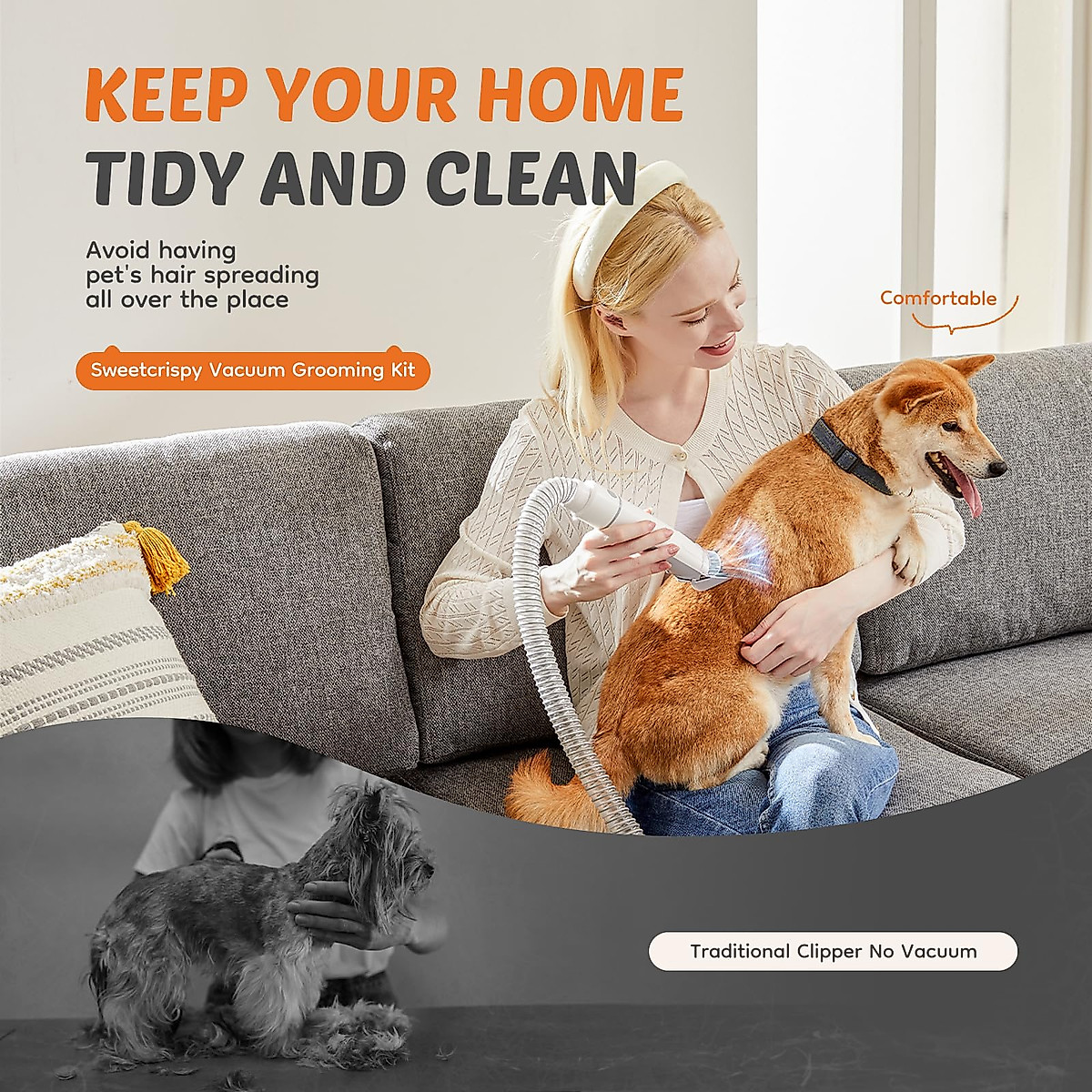 Sweetcrispy Professional Pet Grooming Vacuum Kit with Cordless Low Noise Dog Clippers, 2.5L Cup, 3 Suction Modes, and 5 Groomer Tools for Cats, Dogs and Other Animals Hair Trimmer