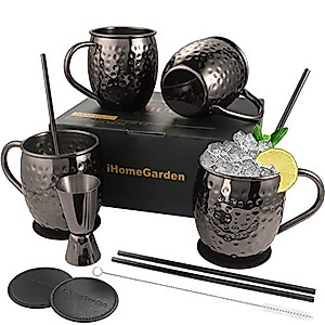 DUNCHATY Moscow Mule Mugs Set of 4, Gift Set Black Mule Mugs Pure Solid Hammered Stainless Steel Mule Mug for Drinking, 16OZ Food Safe 100% Handcrafted Moscow Mule Kit