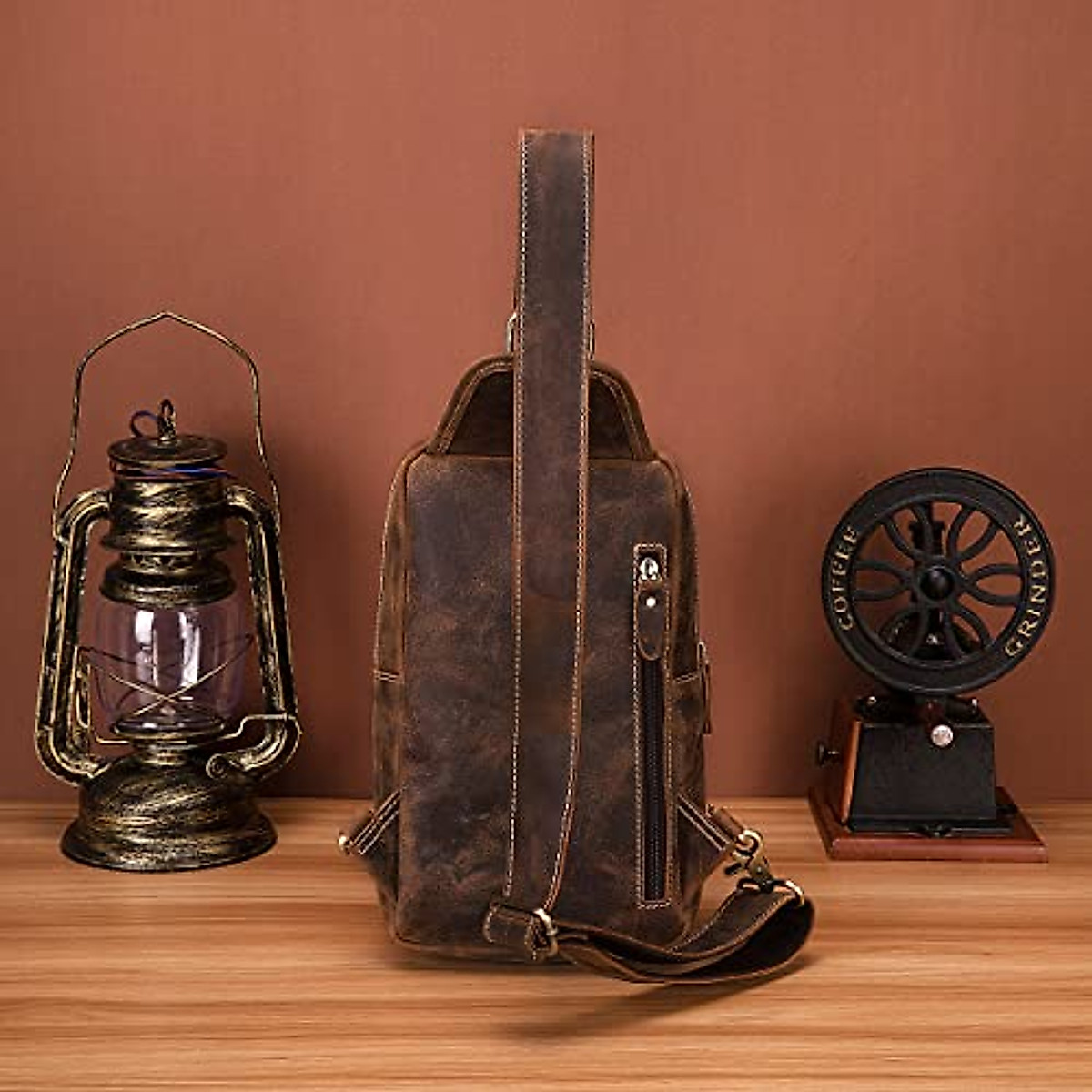 Le'aokuu Outdoor Casual Travel Hiking Tea Crossbody Chest Sling Bag Rig One Shoulder Strap Bag Backpack For Men Male Real Leather 1315 (A Brown)