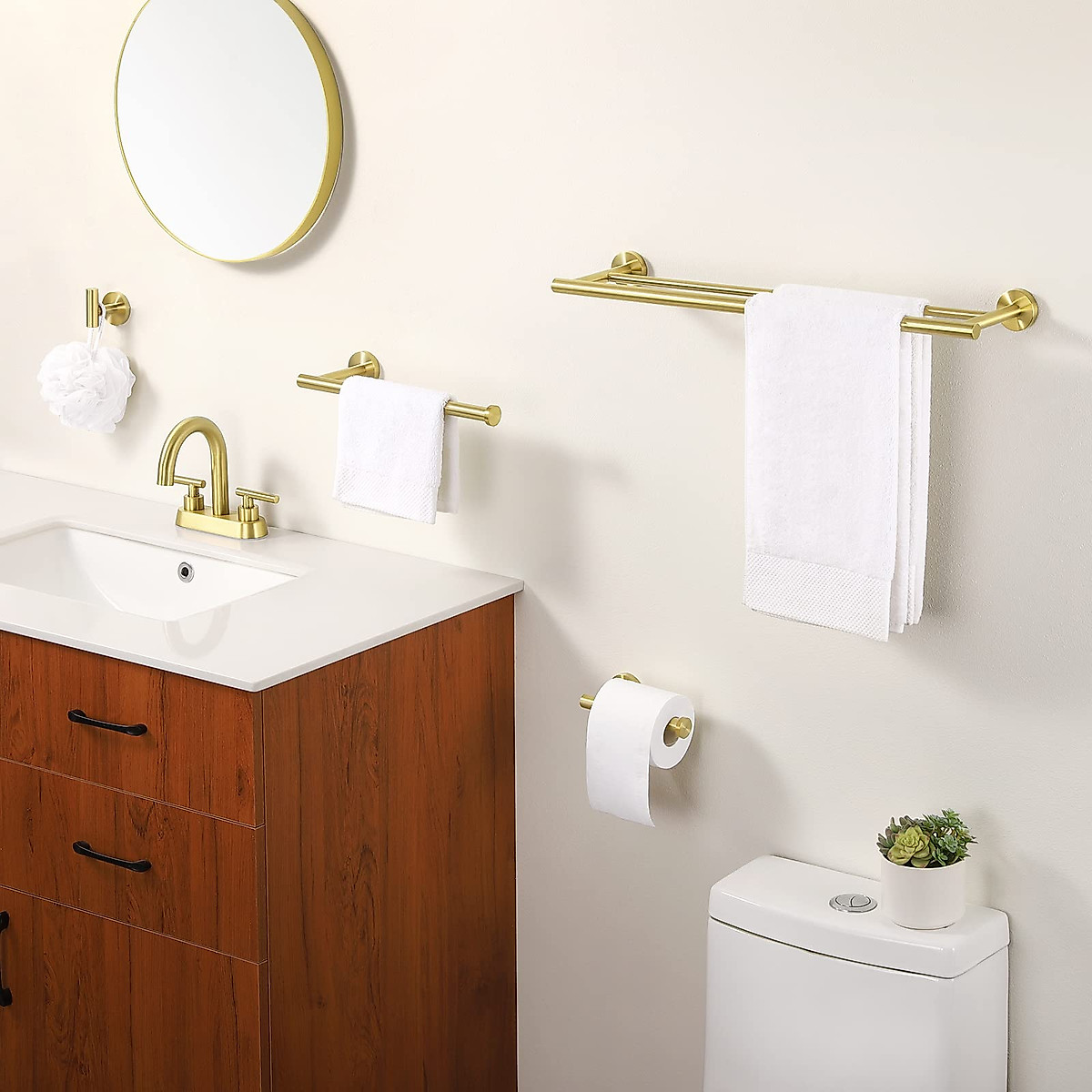 KES Brushed Gold Bathroom Hardware Set 4-Piece 24 Inch Double Towel Bar Toilet Paper Holder Hand Towel Holder Robe Hook Stainless Steel, LA20BZ-43