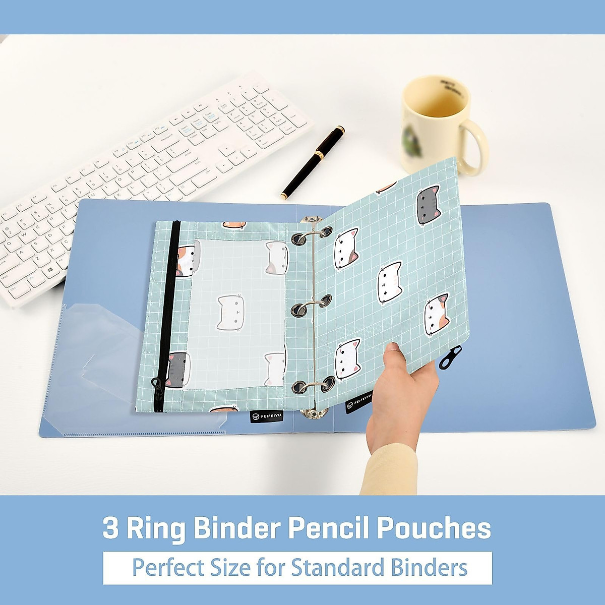 MAOBLYR Cute Cat Kitty Standard 3-Ring Zipper Clear Binder Pocket,Large Capacity Office 7 x 9In (2 PCS)