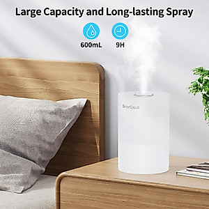 SmartDevil Small Humidifier, 600ml Portable Mini Humidifier, USB Personal Desk Humidifier for Bedroom, Plants, Office, Travel, Nightstand with Night Light, Auto Shut-Off, Super Quiet, White