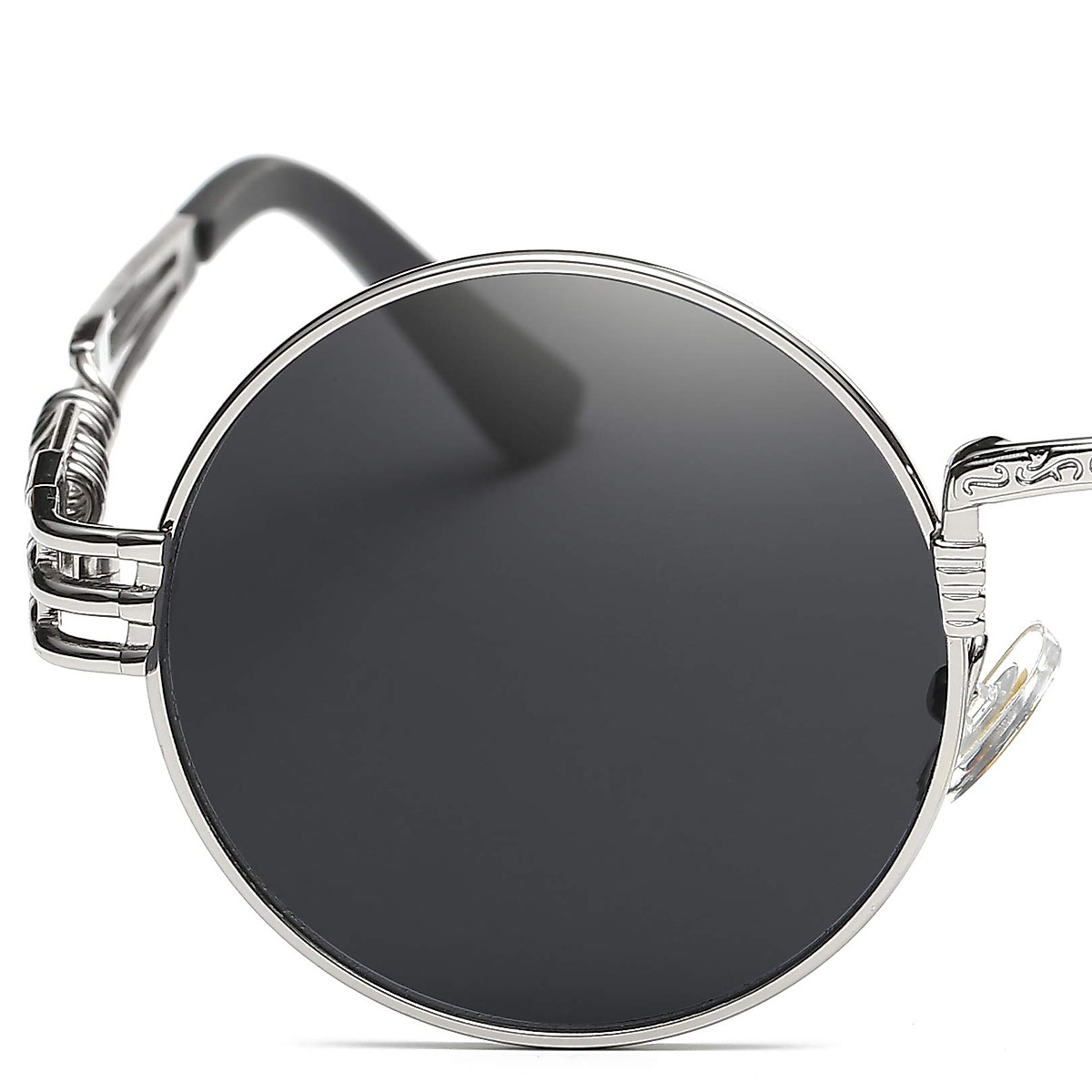 Dollger Round Sunglasses Steampunk Metal Classic Frame Mirror Lens(C1:Black Lens+ Silver Frame)