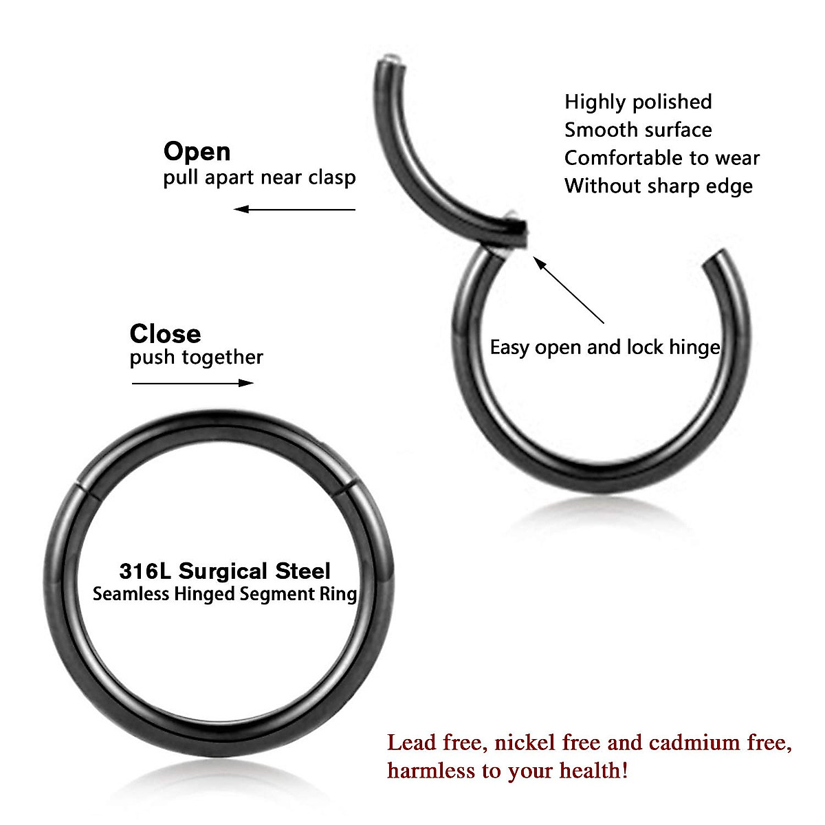 AROWRO 20G 8mm Surgical Steel Nose Hoop Ring Helix Daith Rook Conch Tragus Cartilage Earring Hinged Segment Ring Hoop Piercing Jewelry Septum Clicker